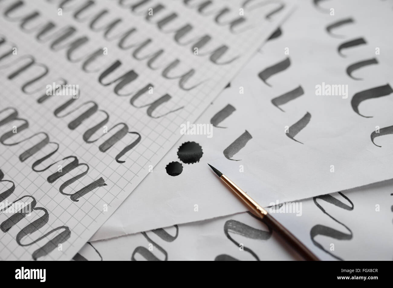 learning calligraphy - paper with example and brush and ink Stock Photo ...