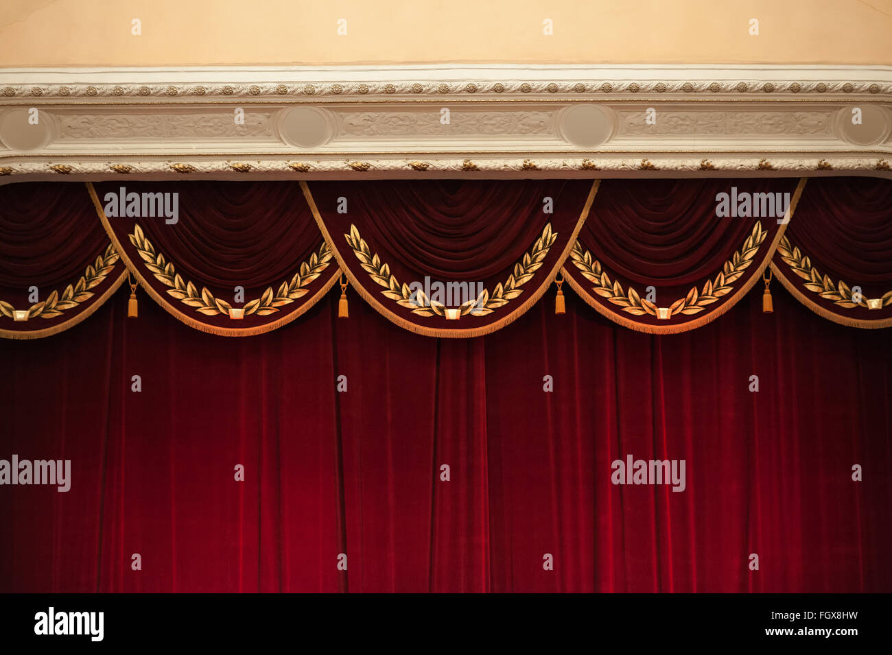 beautiful decorated red curtains in theater top part Stock Photo - Alamy