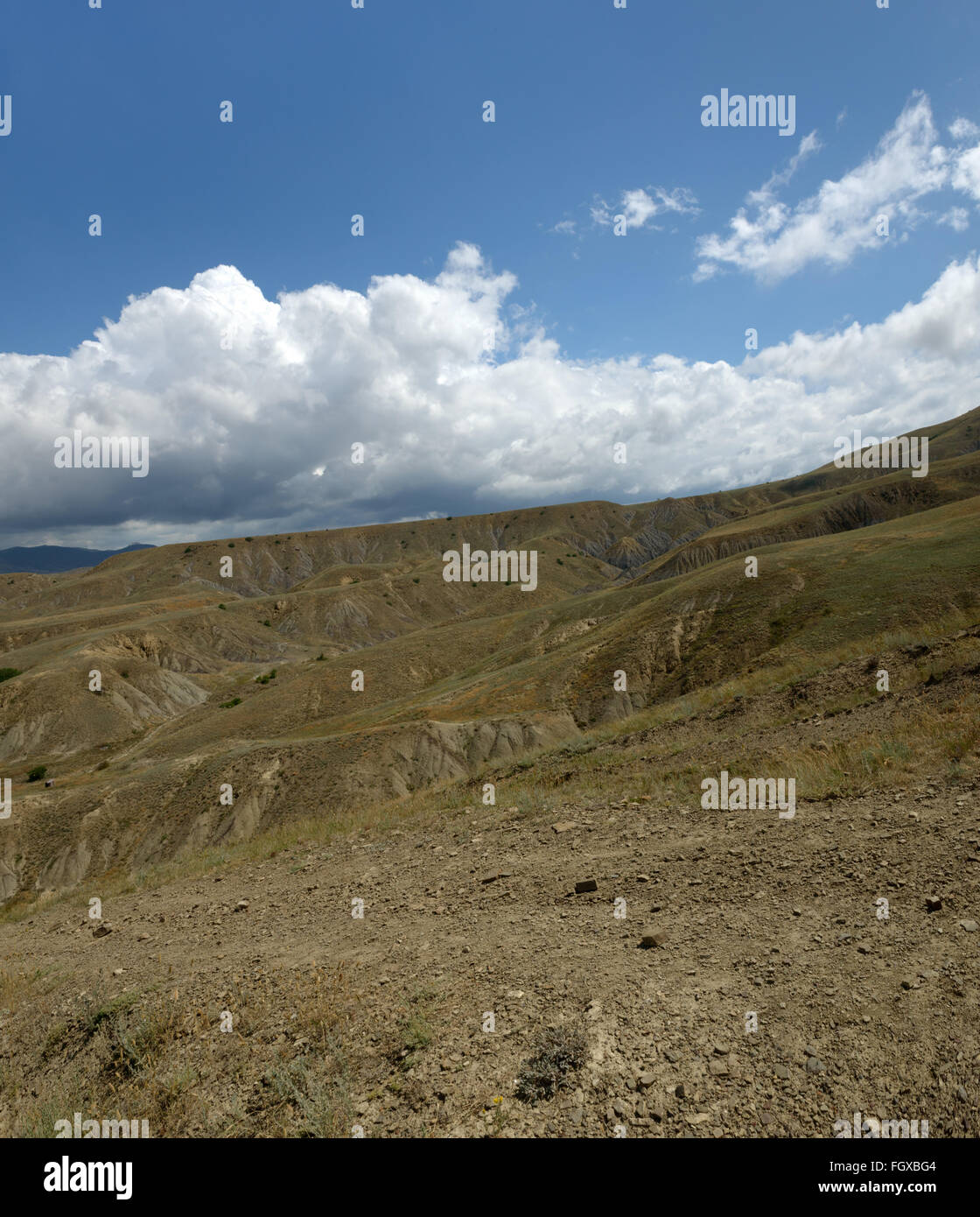 Scenic view of gullied western hillside of Meganom Cape near Sudak ...