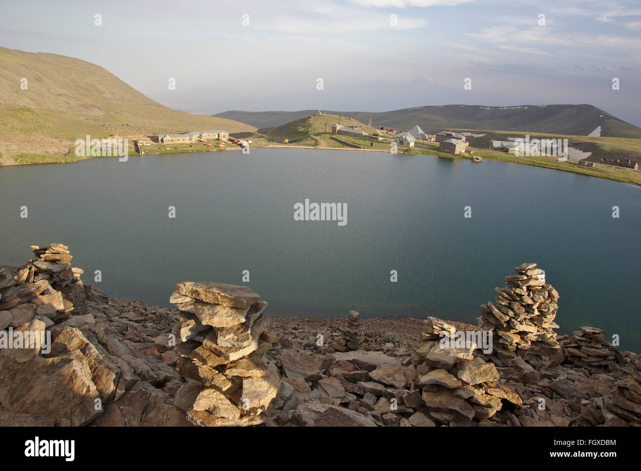 Lake Kari Lich (evening light) on Mount Aragats, Armenia Stock Photo ...