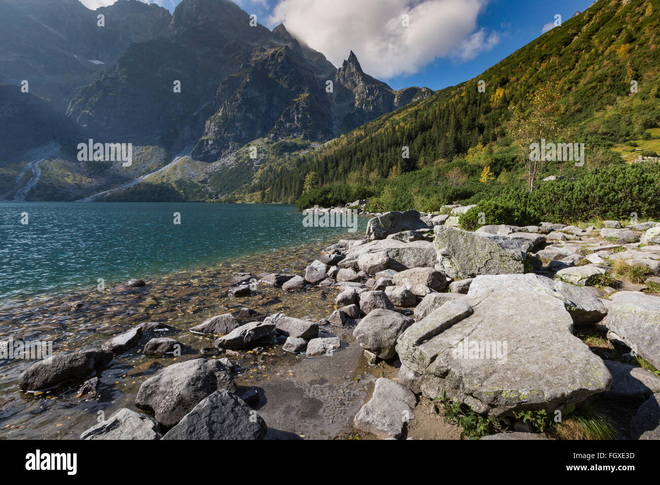 Green water mountain lake Morskie Oko, Tatra Mountains, Poland Stock ...