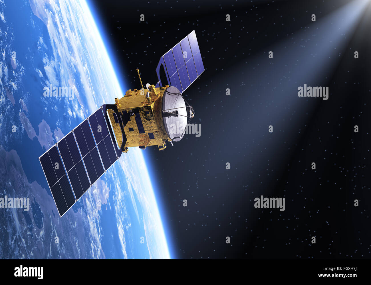 Satellite In The Ray Of Light. 3D Scene Stock Photo - Alamy