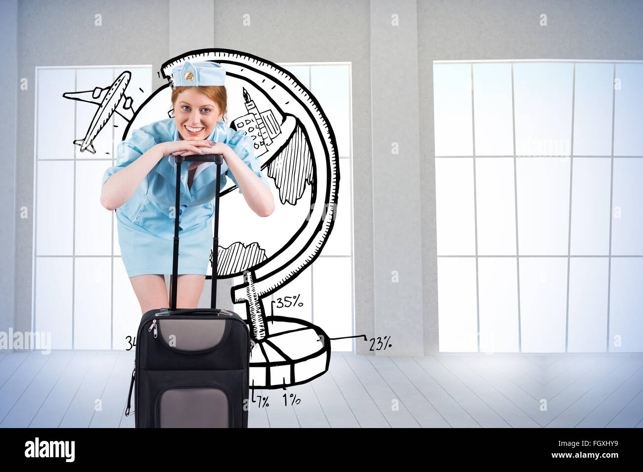 Composite image of pretty air hostess smiling at camera Stock Photo - Alamy