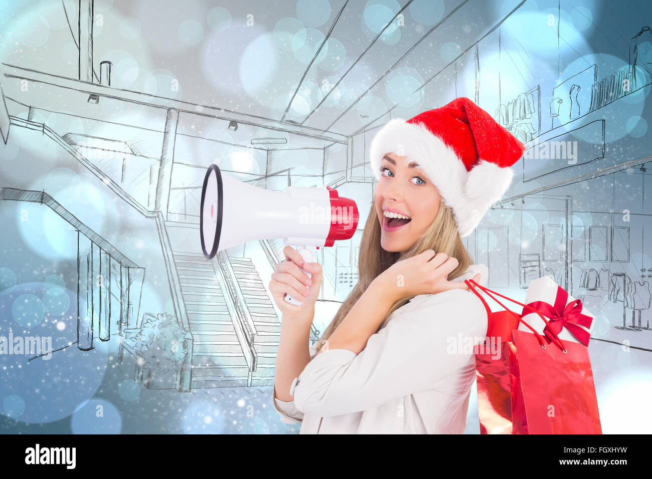 Composite image of festive blonde holding megaphone and bags Stock ...