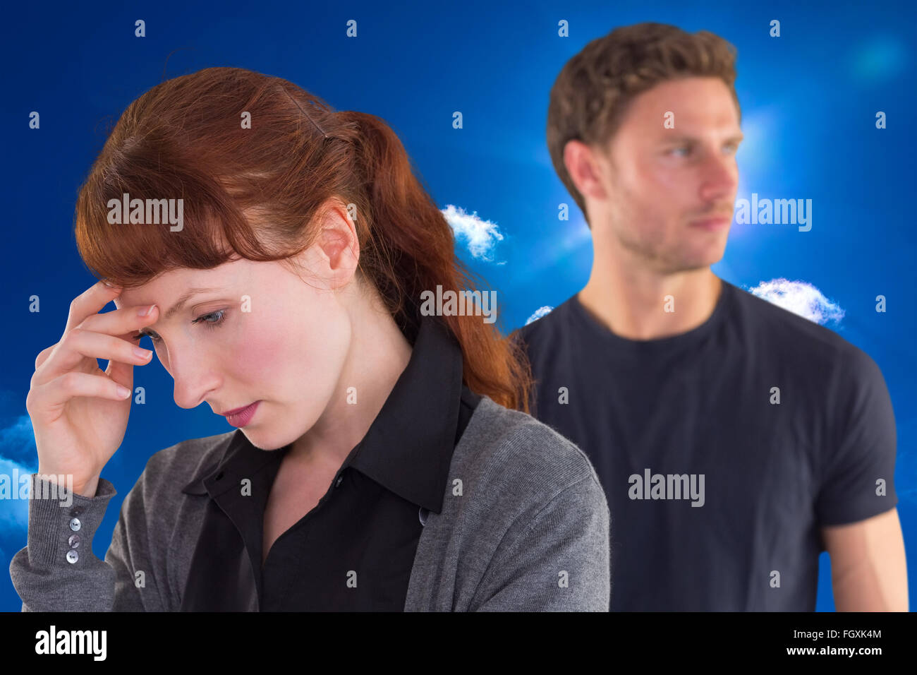 Composite image of worried woman with man behind Stock Photo - Alamy