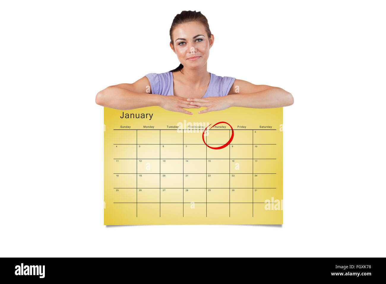 Composite image of young female looking over a wall Stock Photo - Alamy