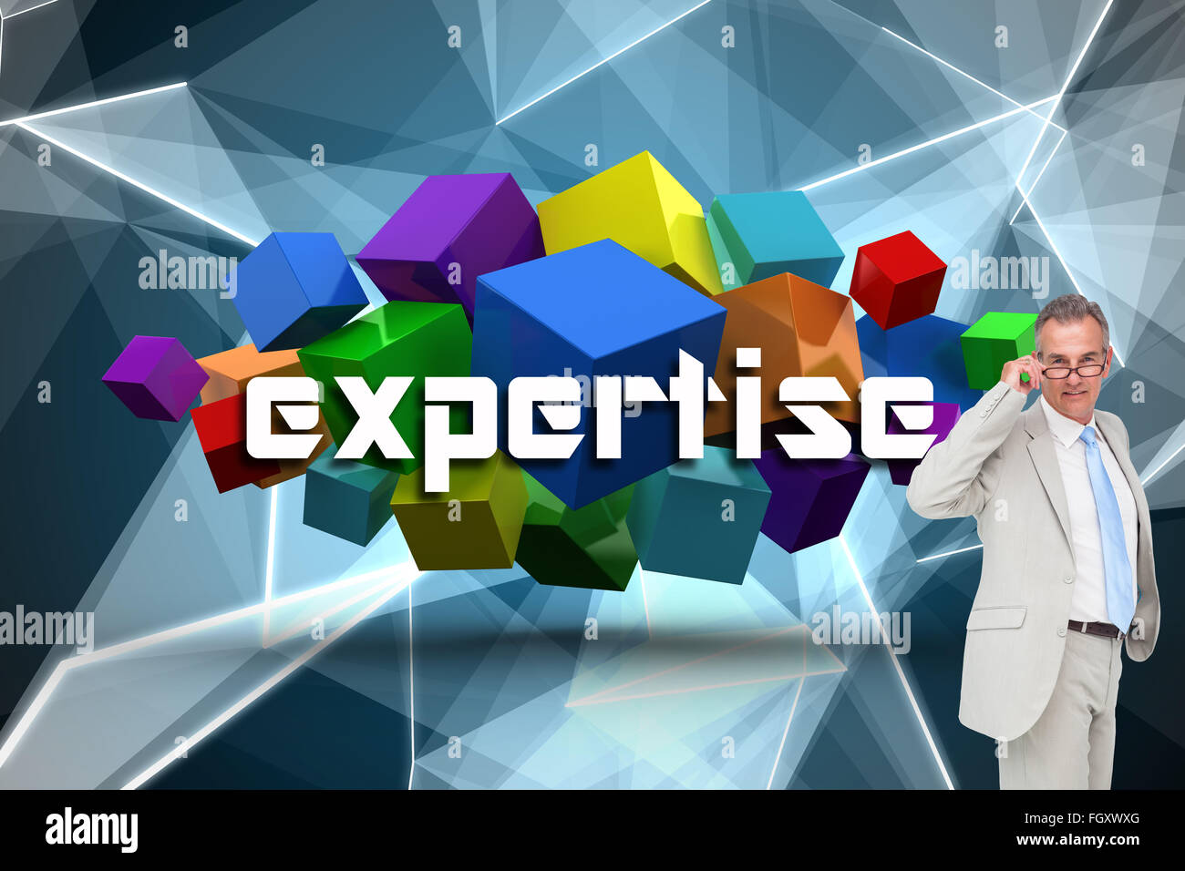 Expertise against abstract glowing black background Stock Photo - Alamy