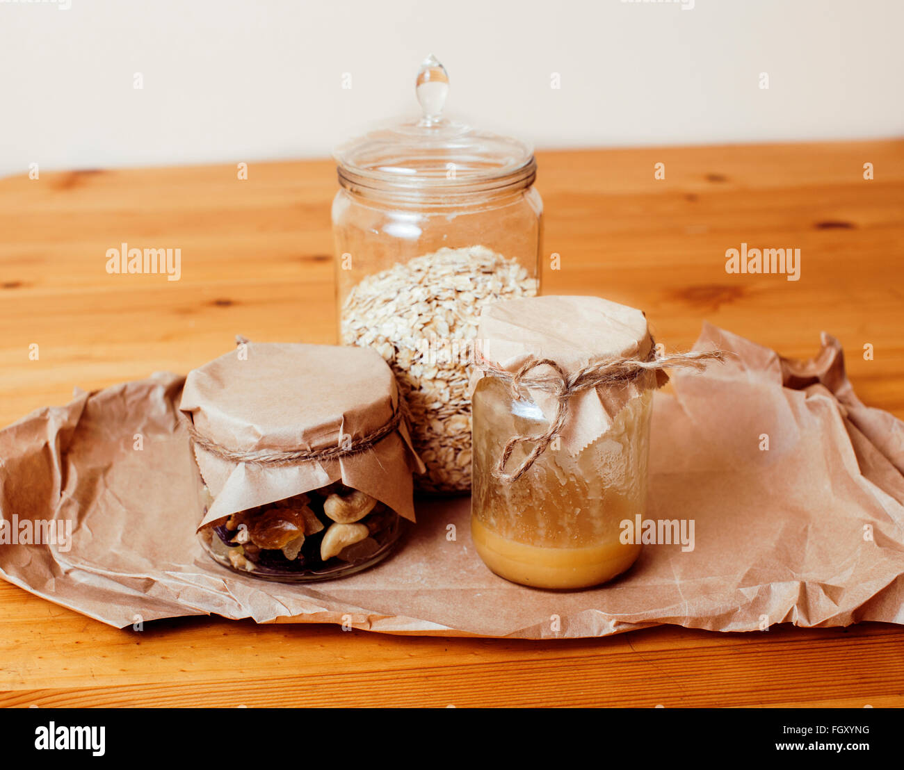real comfort wooden kitchen with breakfast ingredients close up in ...