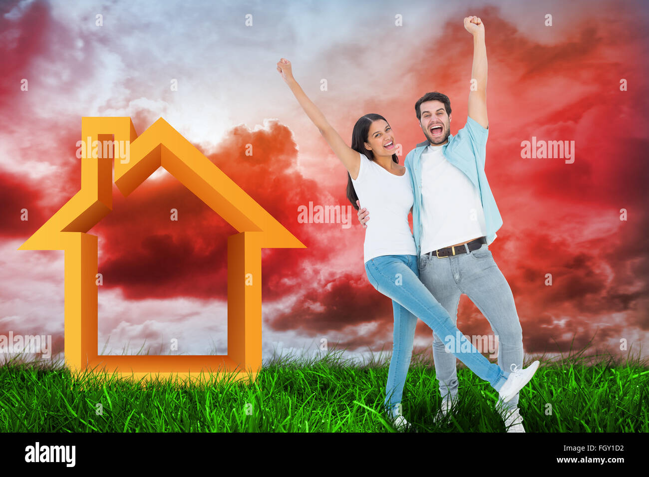 Composite image of happy casual couple cheering together Stock Photo ...