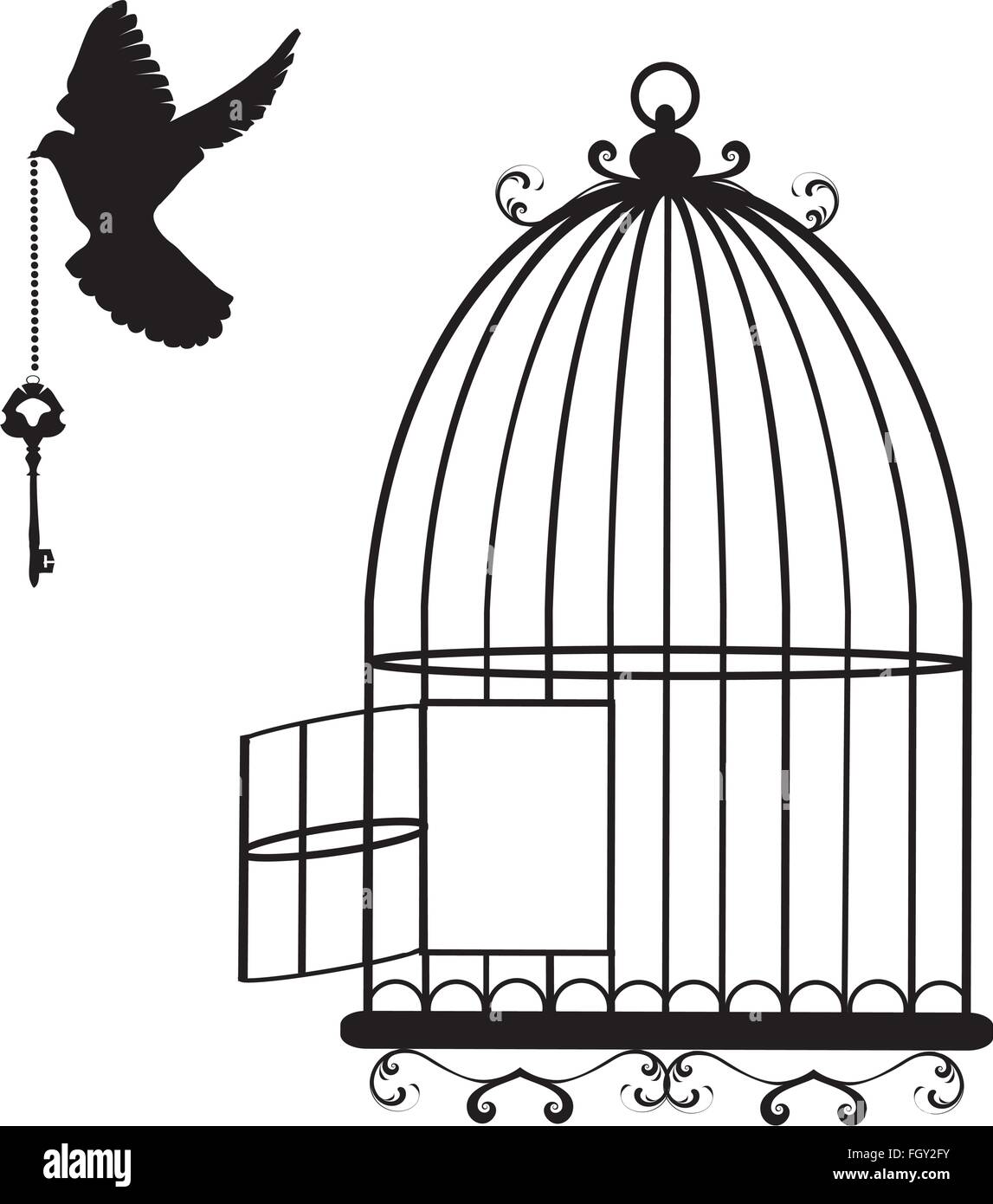 vector illustration of a flying dove with a key and cage open Stock ...