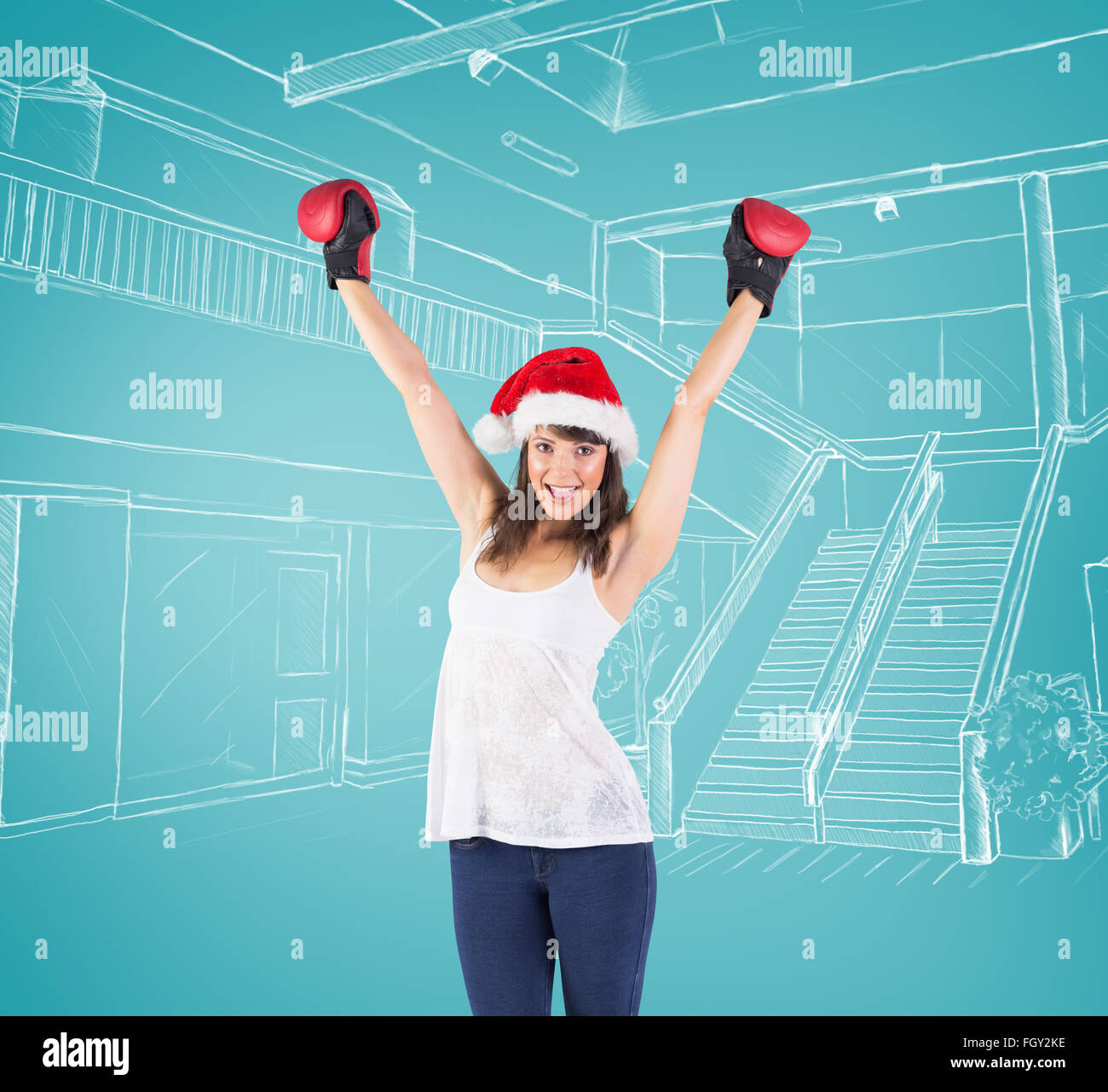 Composite image of festive brunette cheering with boxing gloves Stock ...