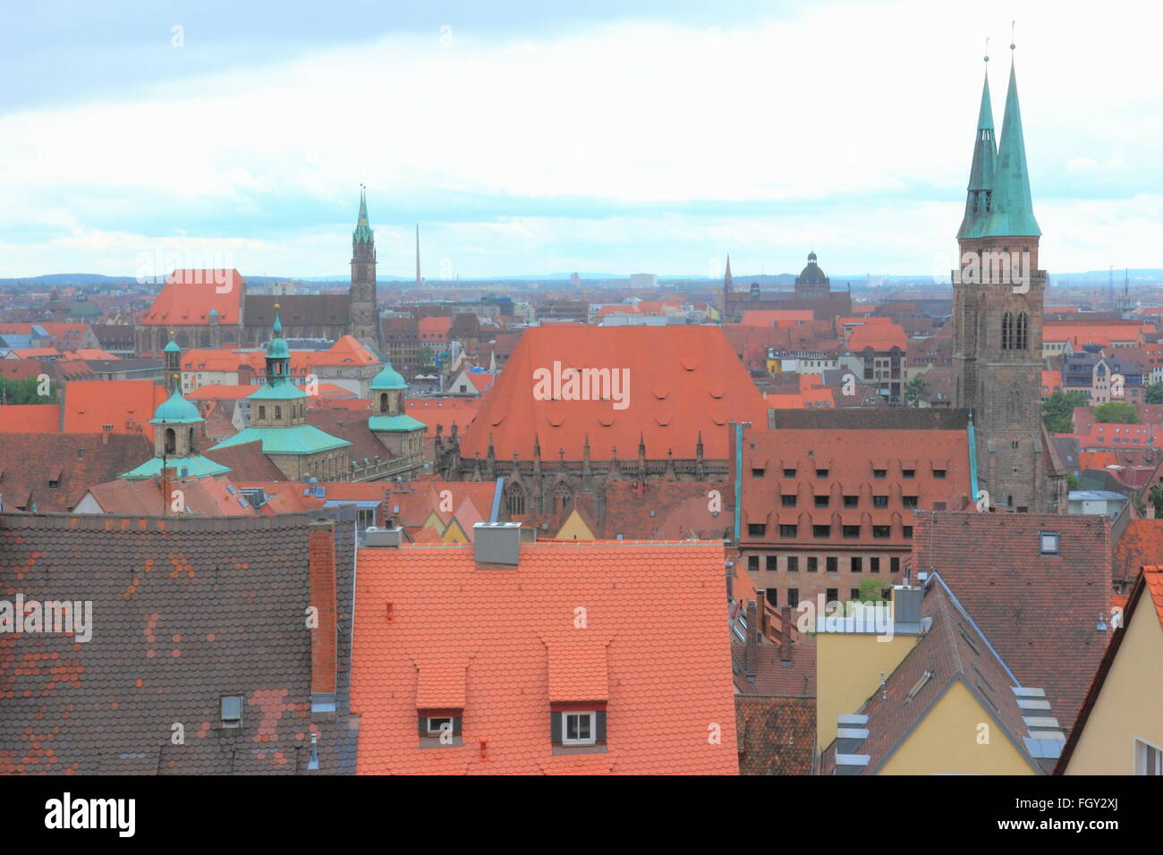 Panorama of old German city of Nuremberg with exuding towers of ...