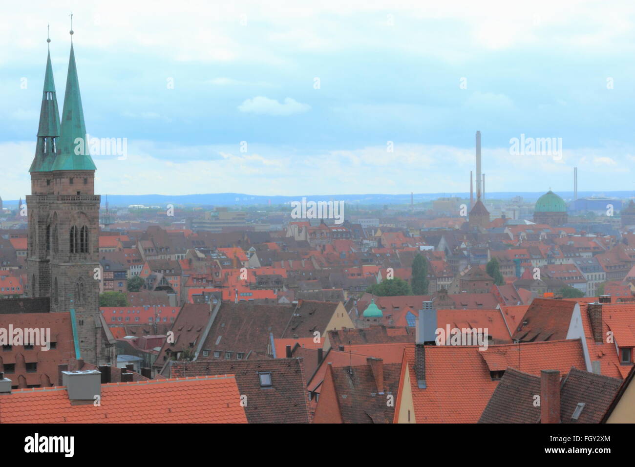 Panorama of old German city of Nuremberg with exuding towers of ...