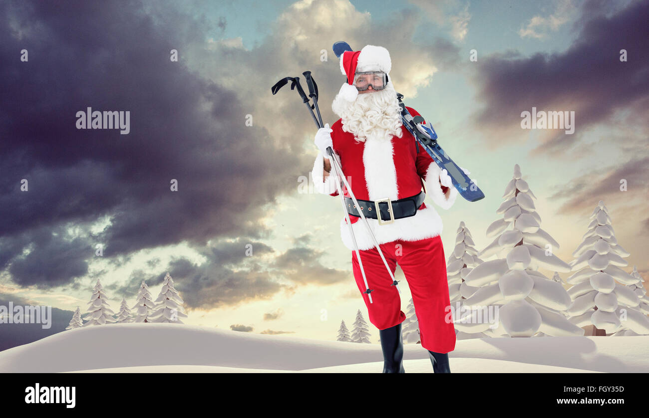 Composite image of santa claus holding ski and ski poles Stock Photo ...