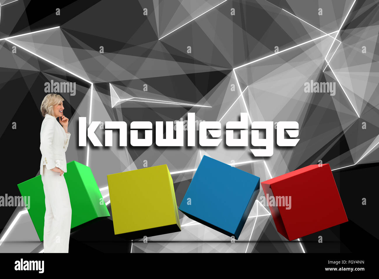 Knowledge against abstract glowing black background Stock Photo - Alamy