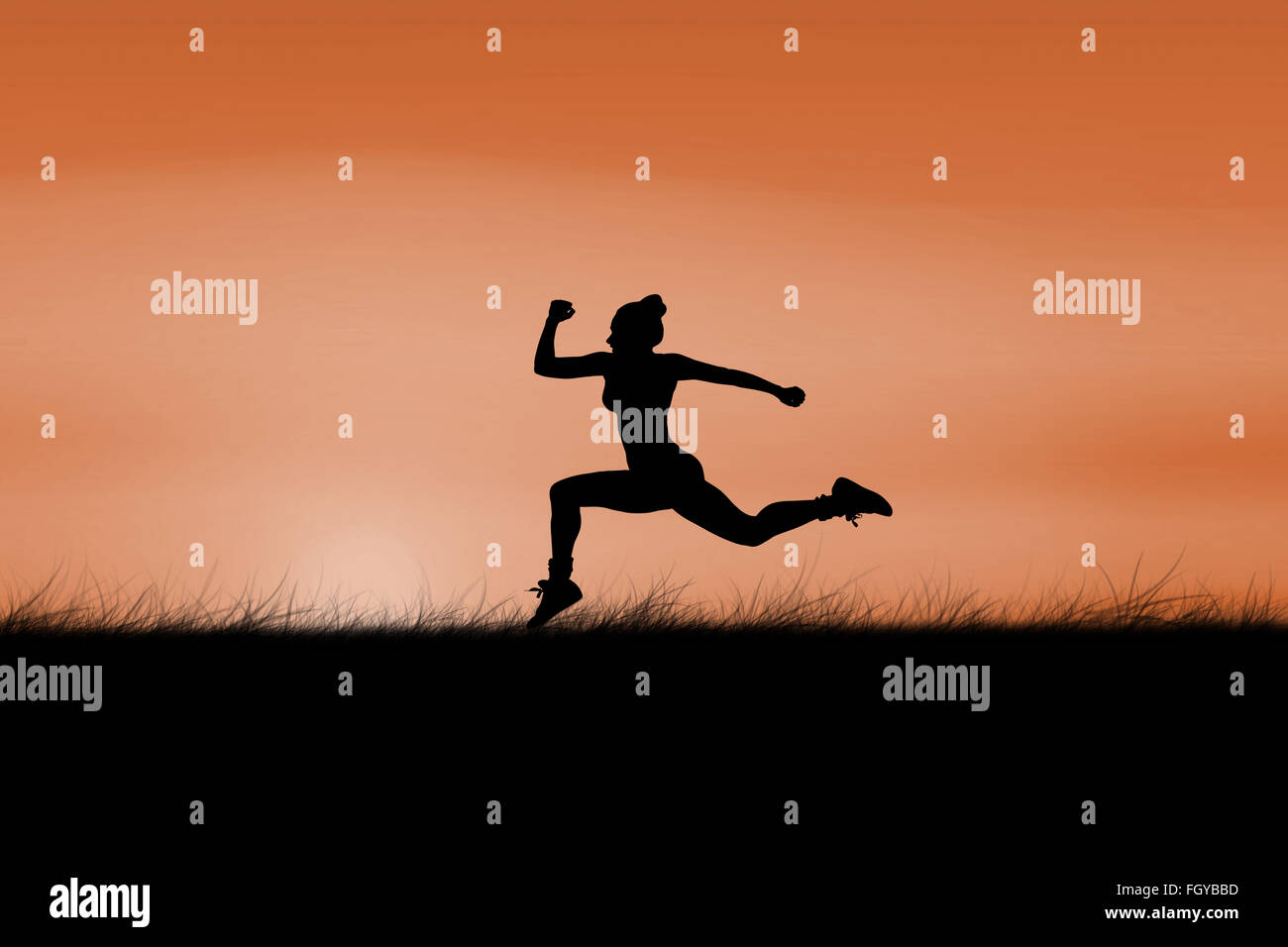 Composite image of fit brunette running and jumping Stock Photo - Alamy
