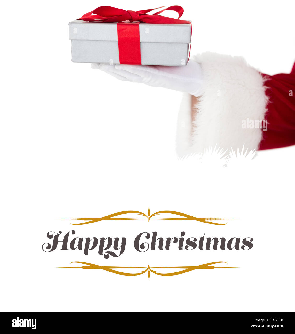 Composite image of santa claus showing gift with red ribbon Stock Photo ...