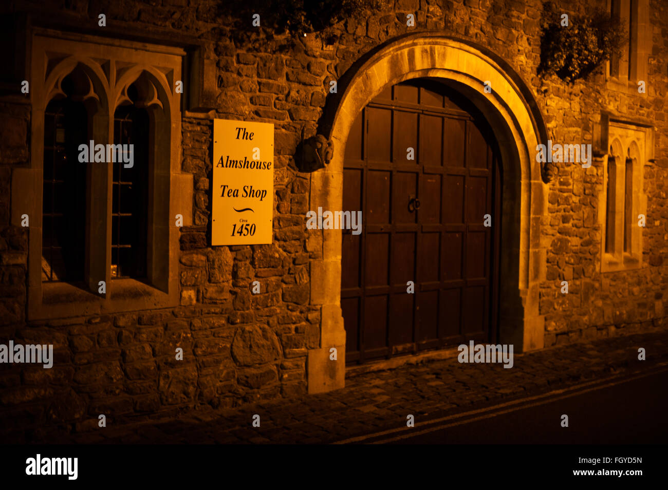 The Almshouse Tea Shop at night, Axbridge, Somerset, England Stock ...
