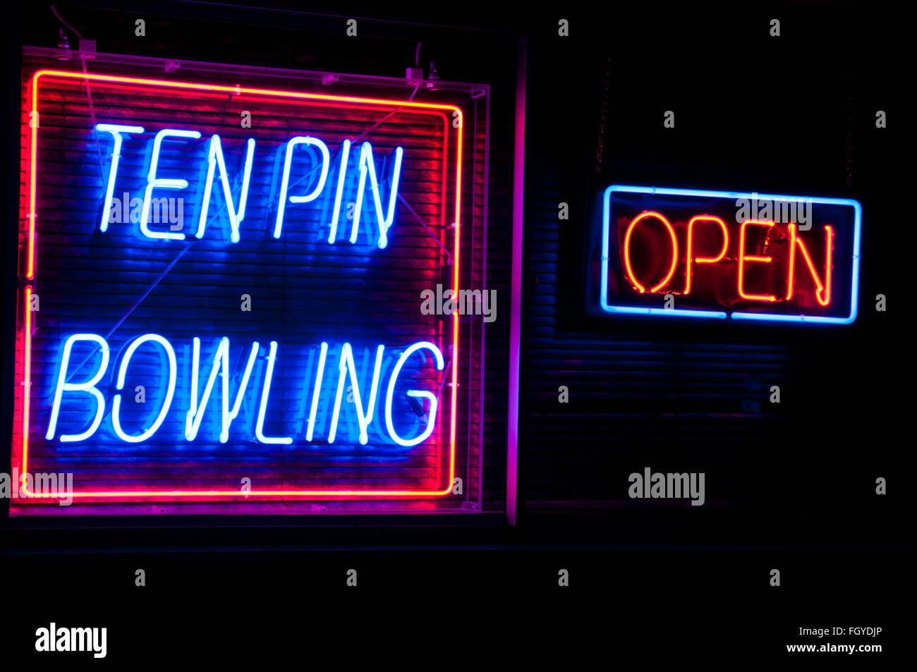 Ten Pin Bowling, open neon signs Stock Photo - Alamy
