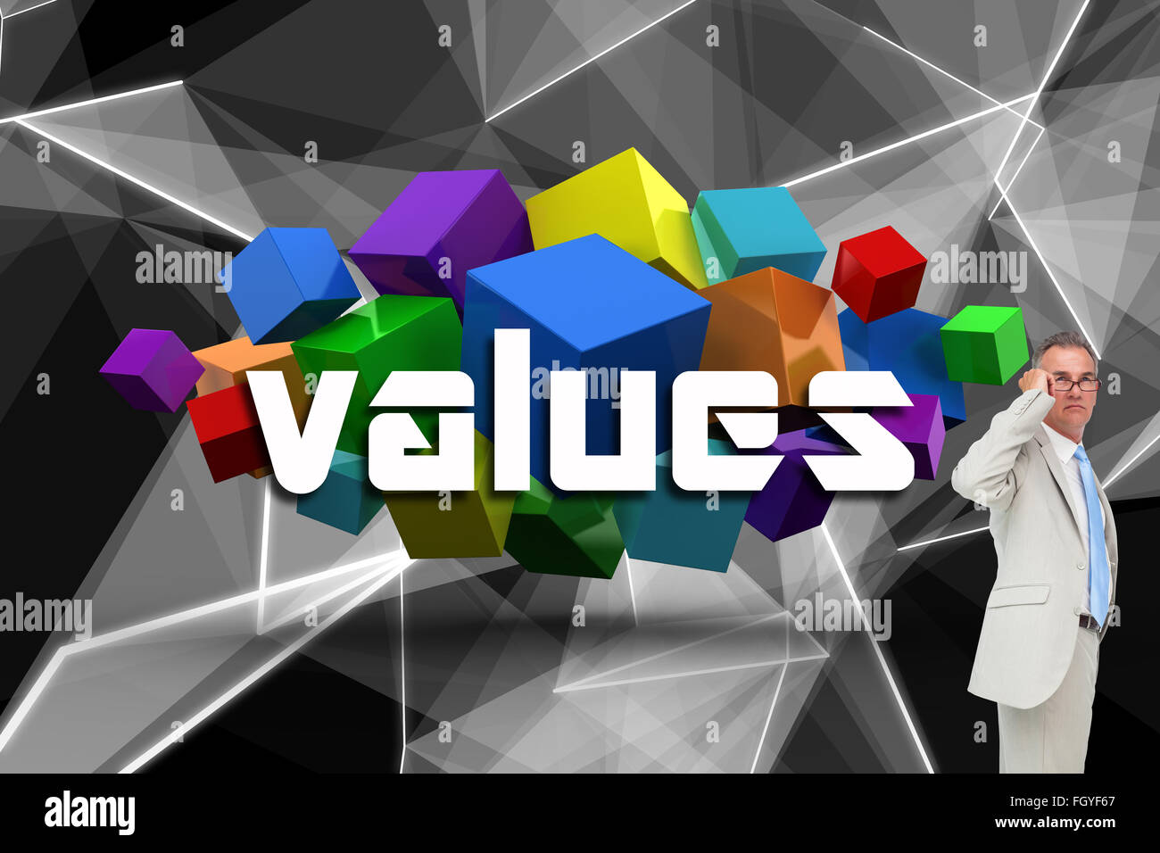 Values against abstract glowing black background Stock Photo - Alamy