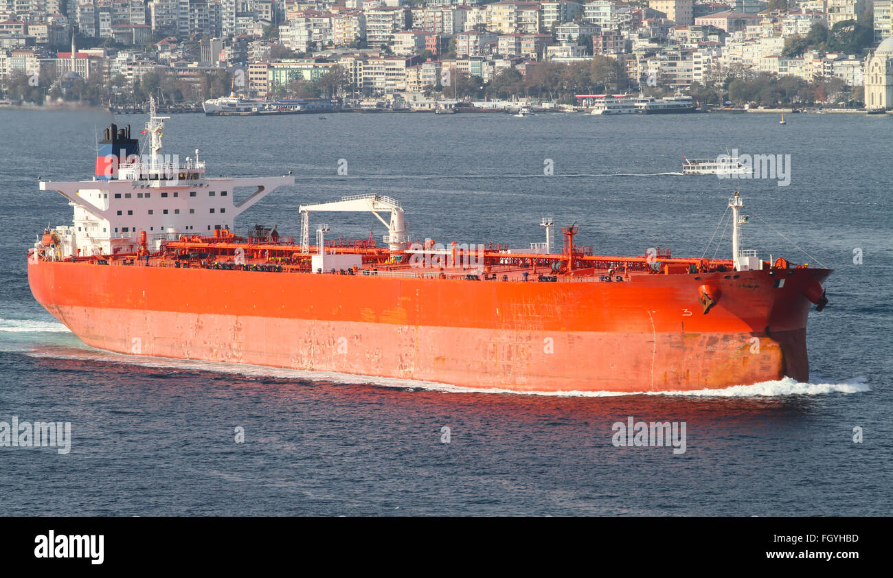 Orange Tanker Ship Passing in Bosphorus Strait Stock Photo - Alamy
