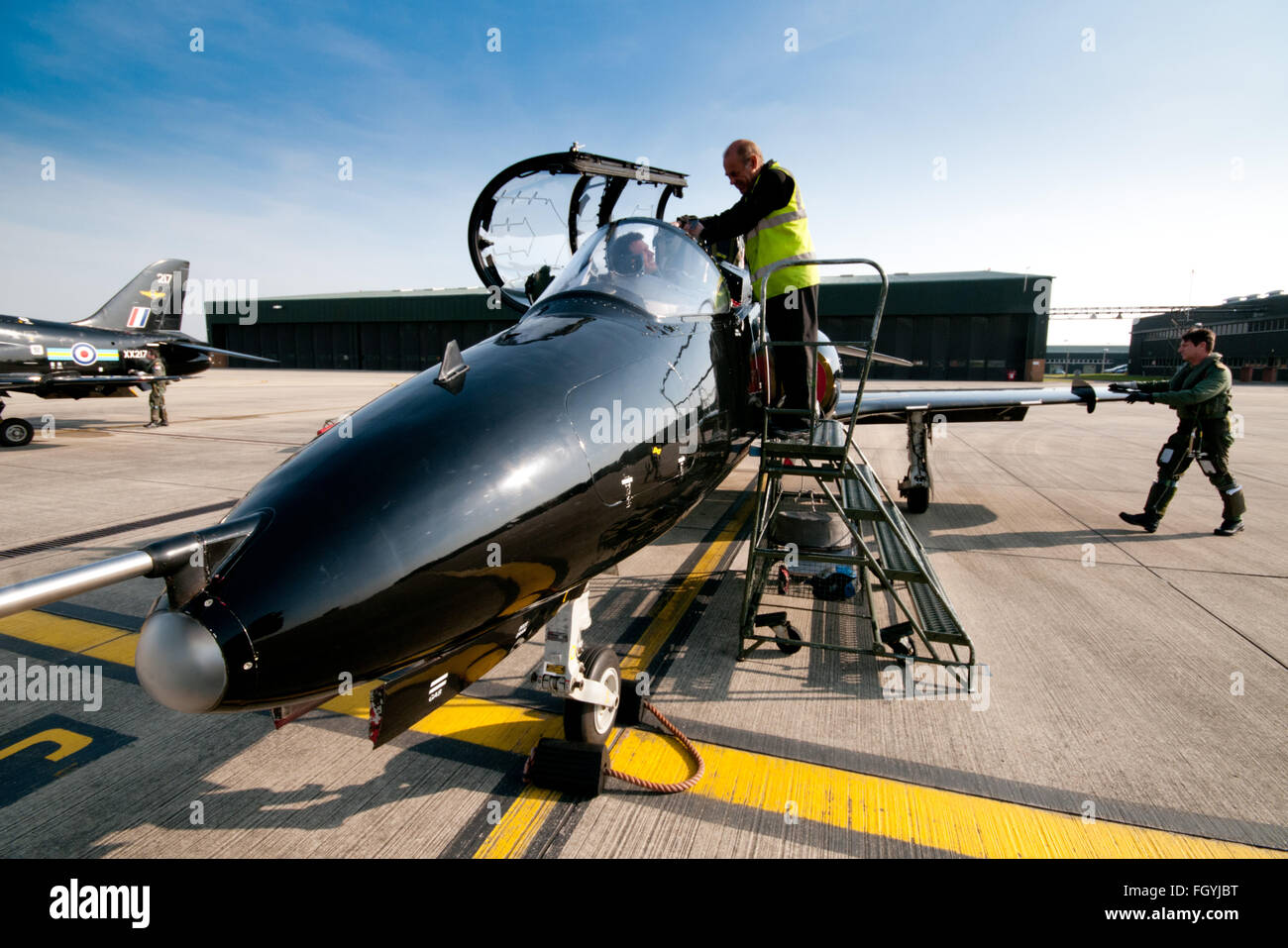 A Hawk jet trainer operated by the Royal Navy being prepared for a ...