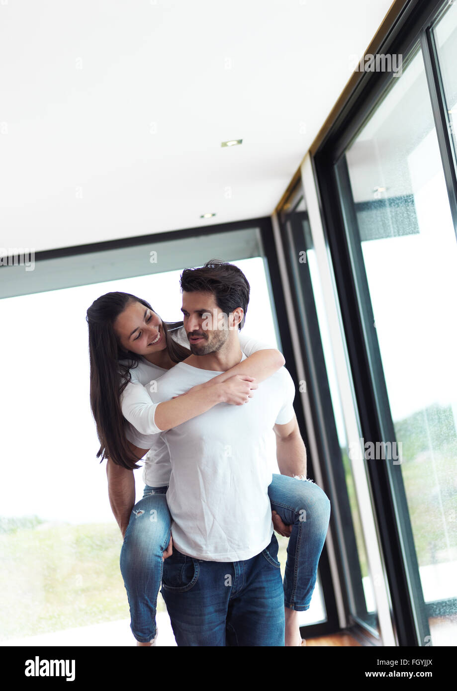 happy young romantic couple have fun and relax at home indoors Stock ...