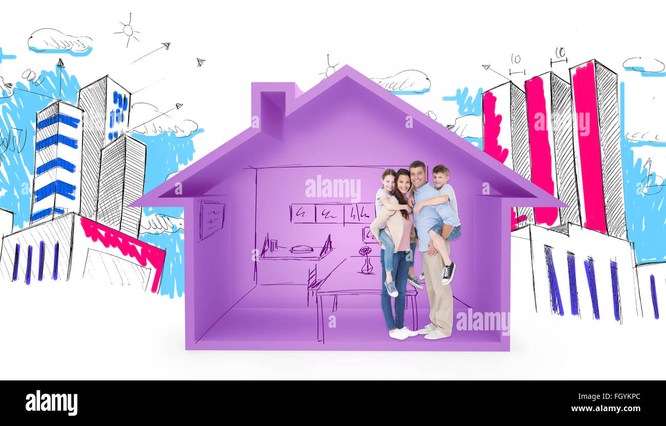 Composite image of parents giving piggyback ride to children over white ...