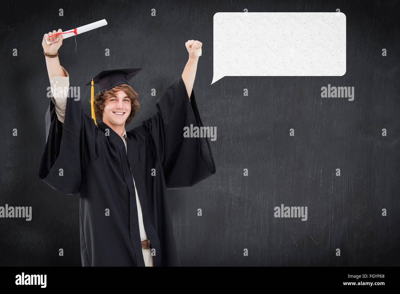 Composite image of male student in graduate robe raising his arms Stock ...