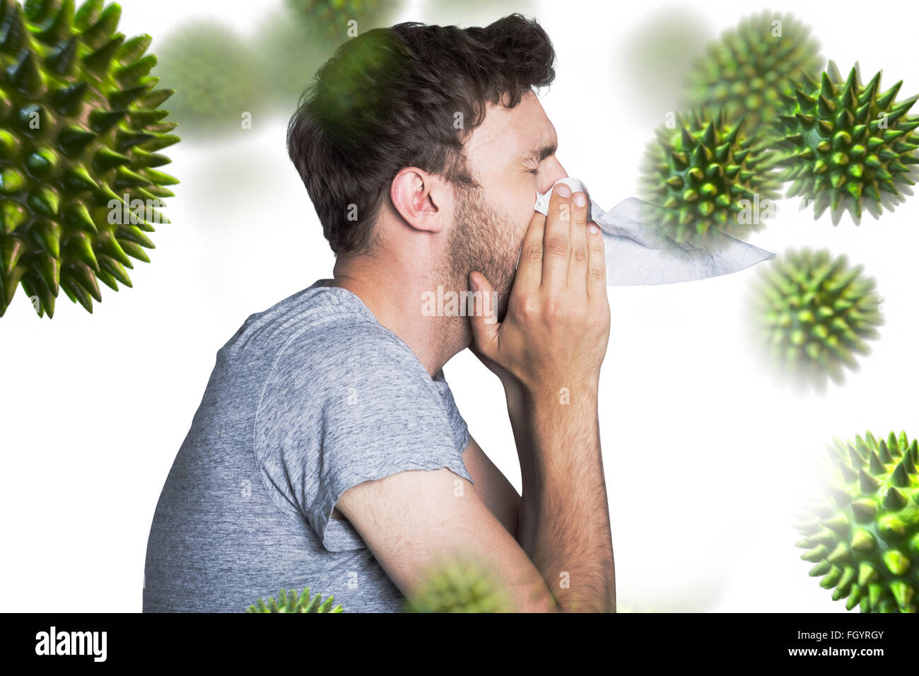 Composite image of close up side view of man blowing nose Stock Photo ...
