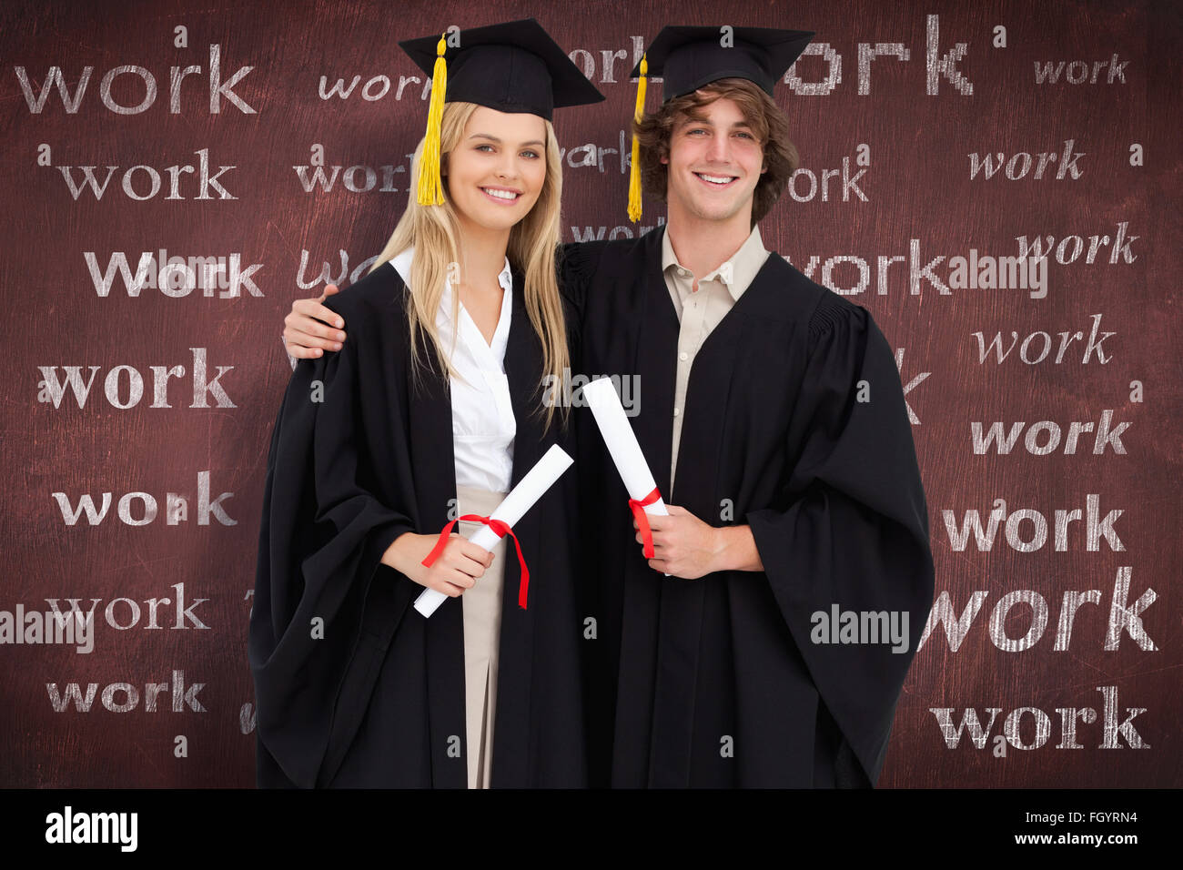 Composite image of two students in graduate robe shoulder to shoulder ...