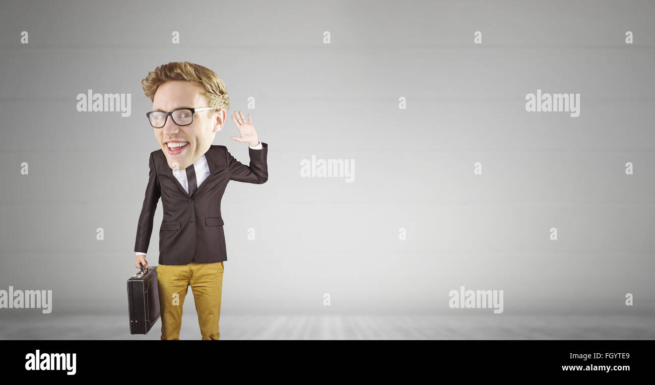 Composite image of nerd smiling and waving Stock Photo - Alamy