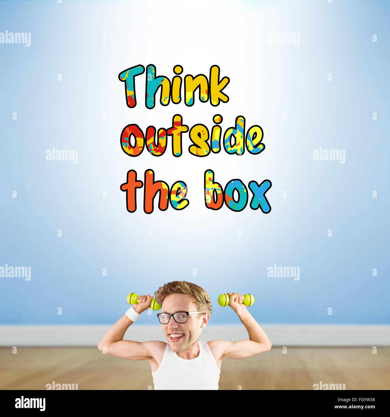 Composite image of nerd lifting weights Stock Photo - Alamy