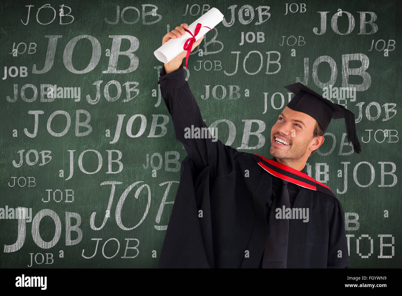 Composite image of happy attractive boy celebrating his graduation ...