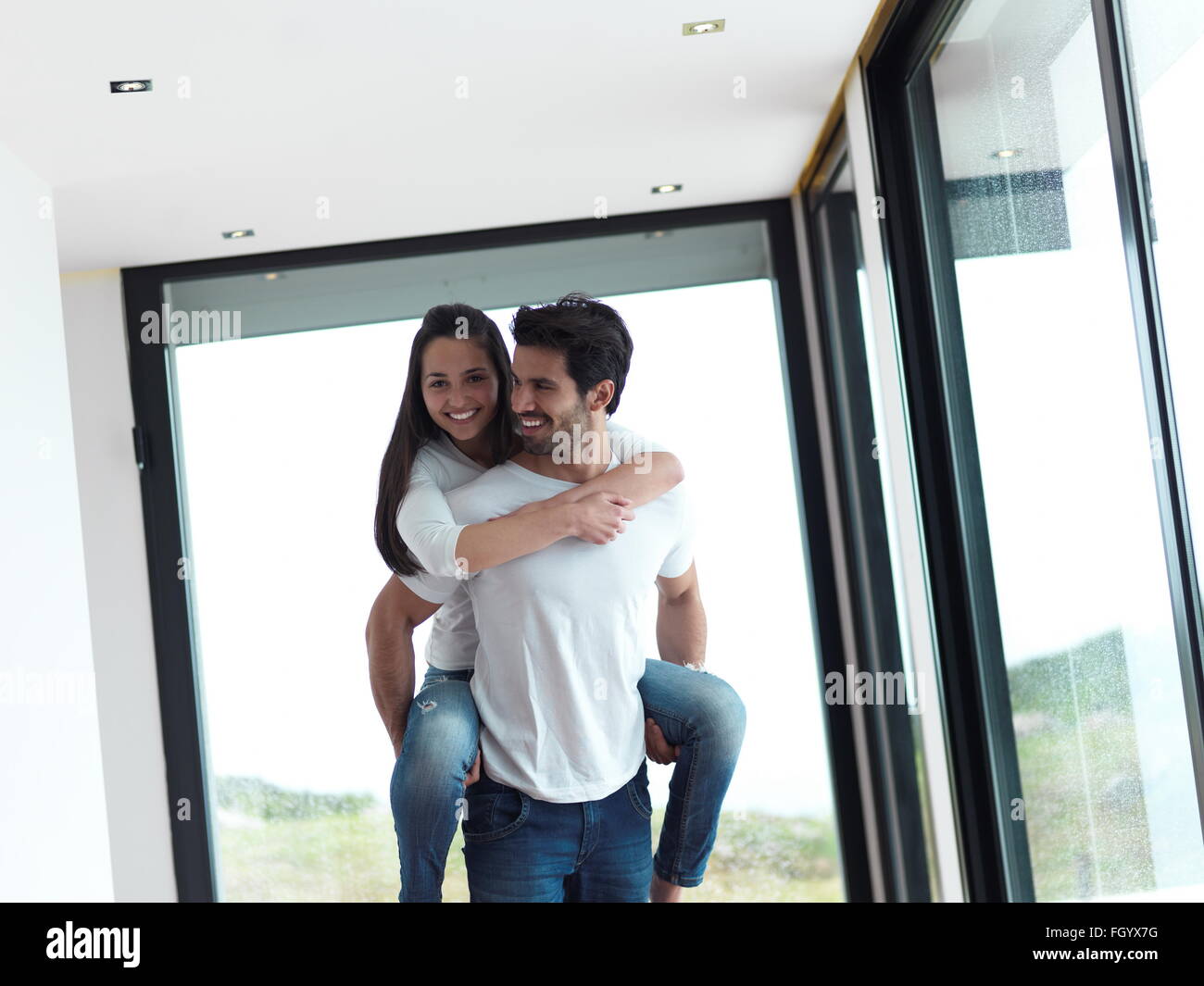 happy young romantic couple have fun and relax at home indoors Stock ...