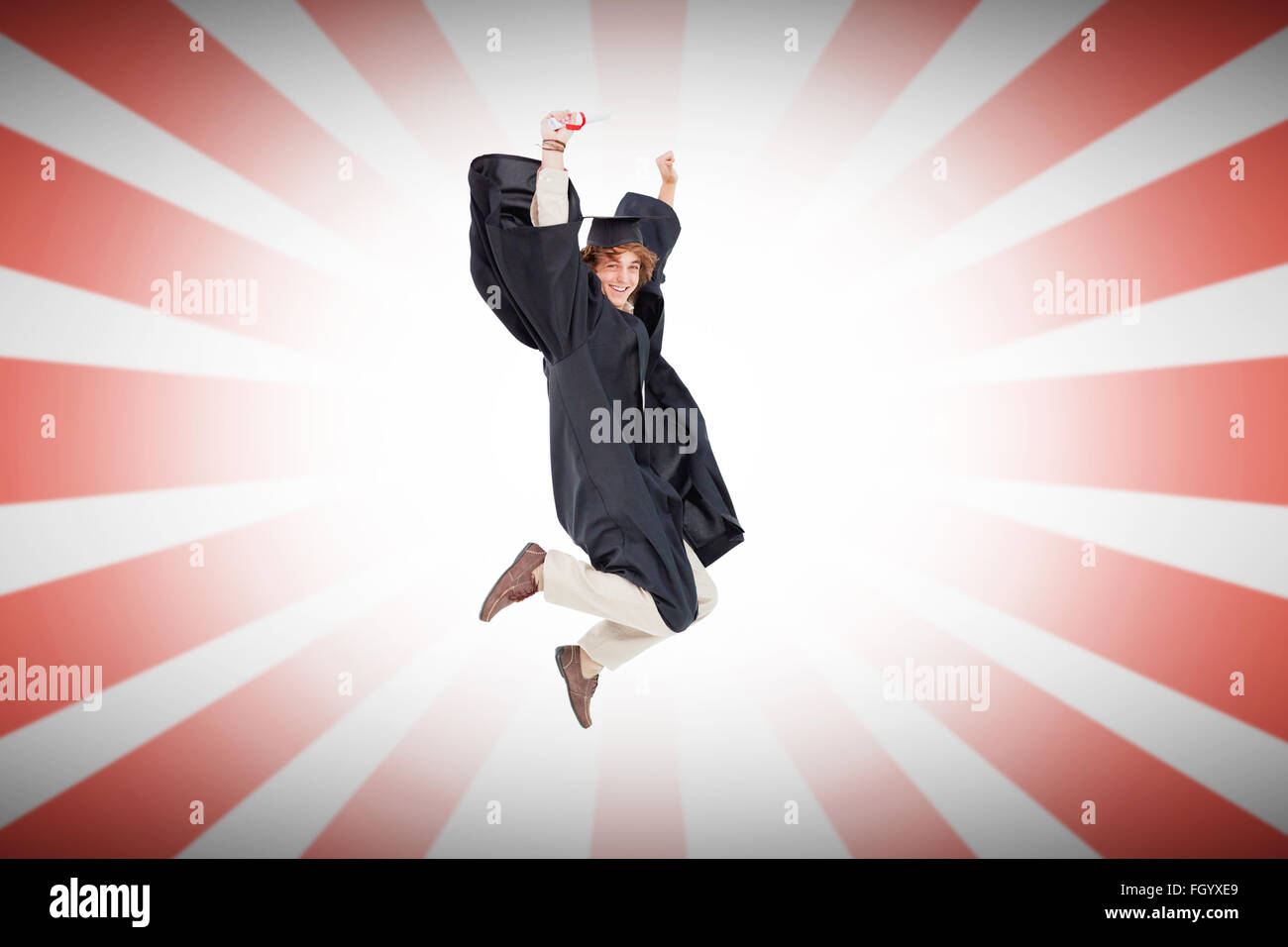 Composite image of happy male student in graduate robe jumping Stock ...