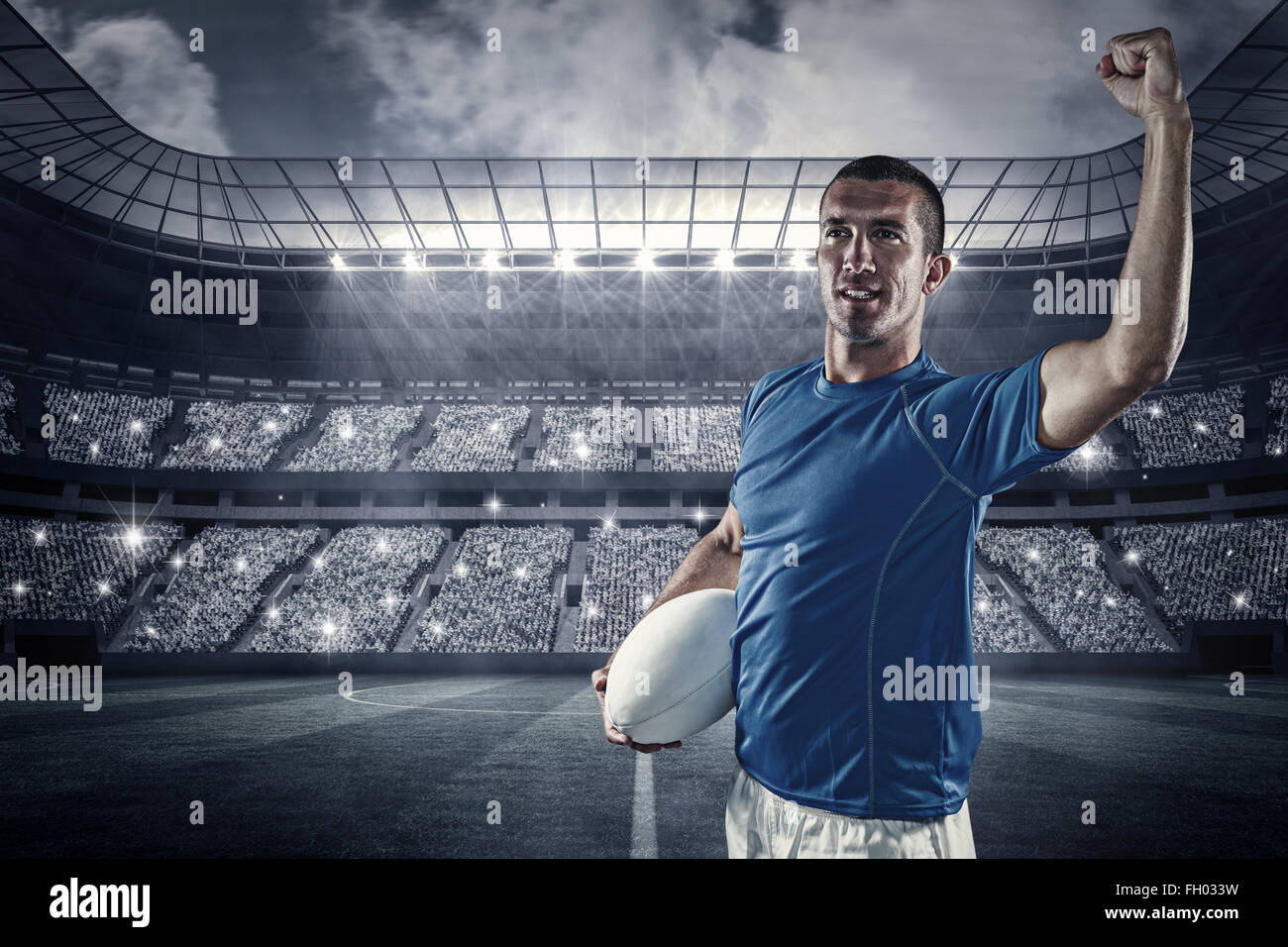 Composite image of confident rugby player flexing muscles Stock Photo ...