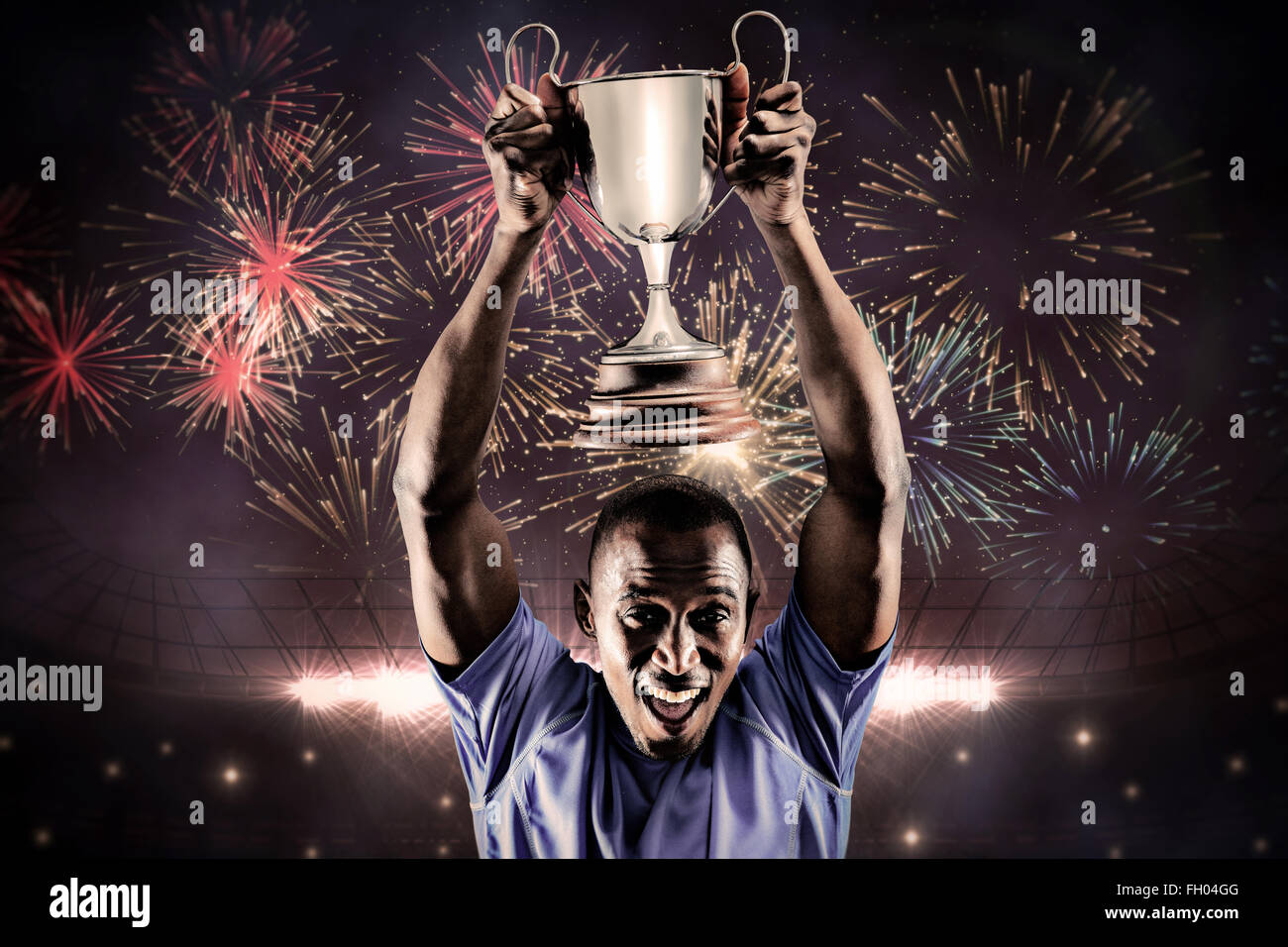 Composite image of portrait of happy athlete cheering while holding ...