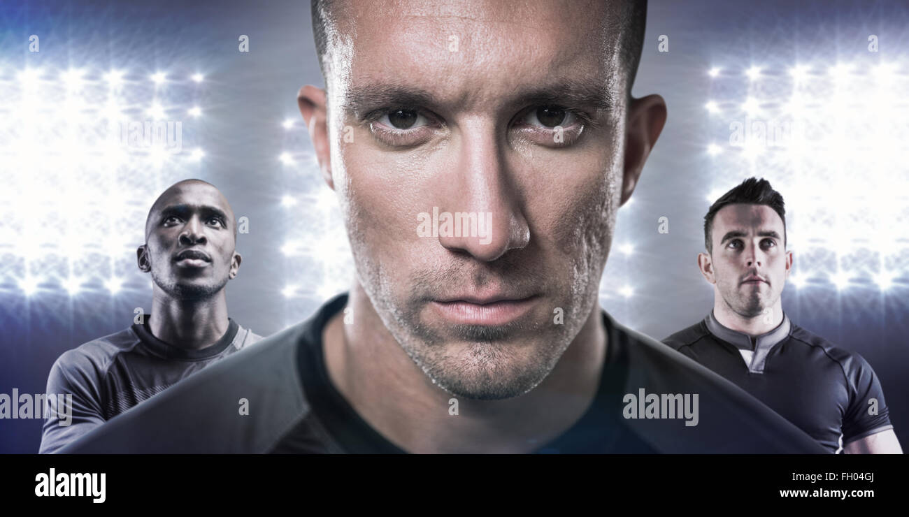 Composite image of close-up portrait of serious rugby player Stock ...