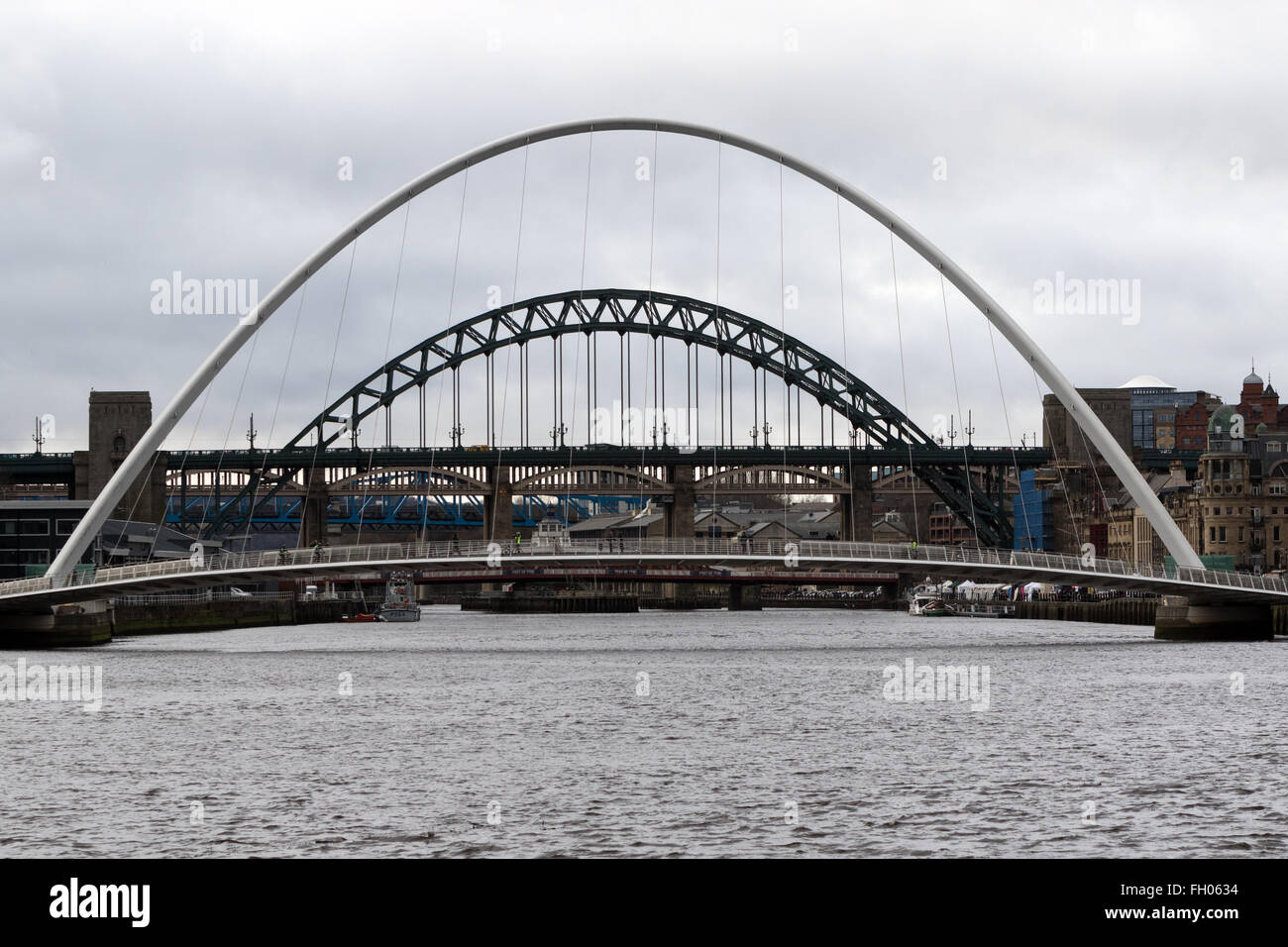 The Gateshead Millennium Bridge, closest to camera, with the Tyne ...
