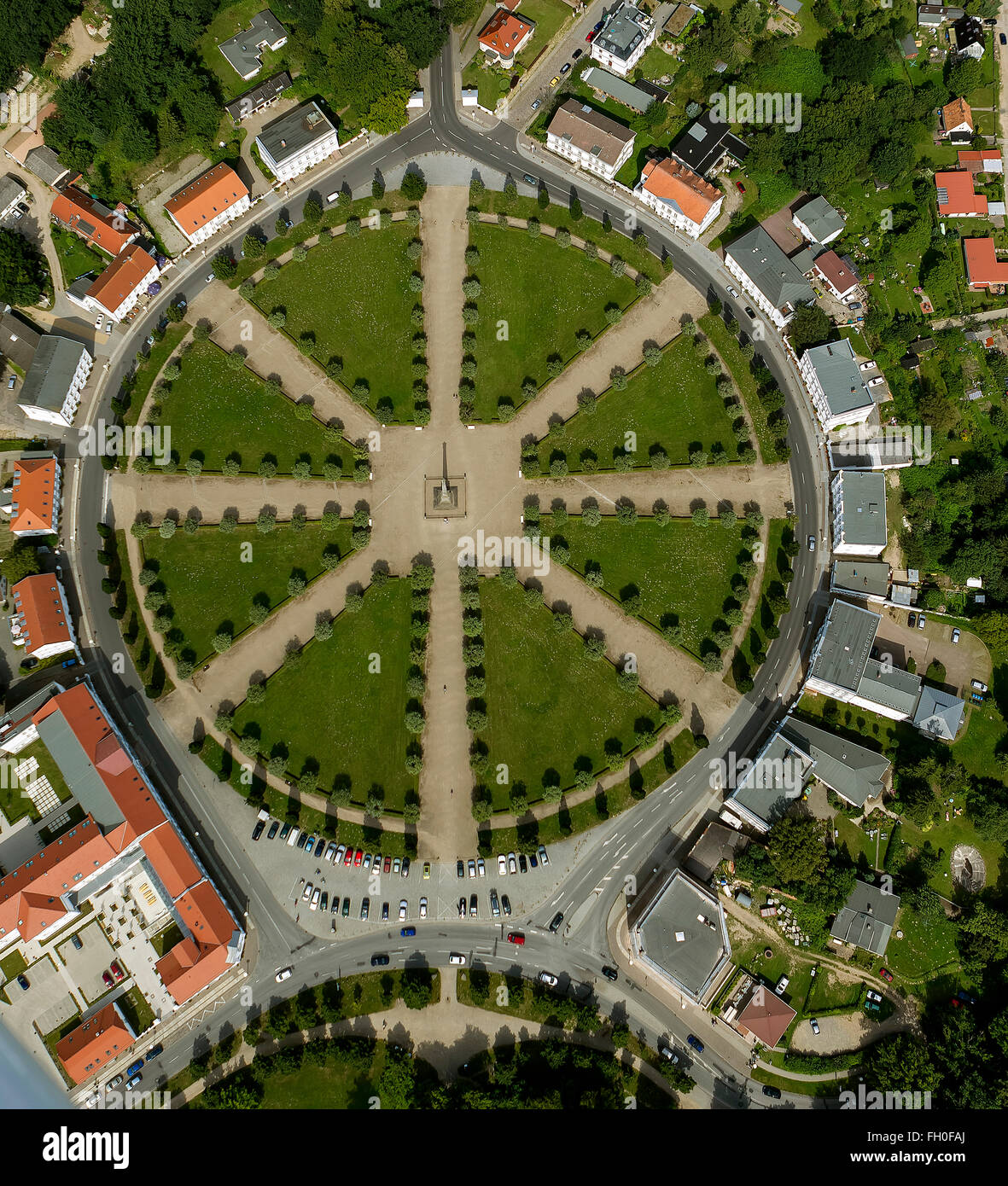 Aerial view, Obelisk, Circus of Putbus, Putbuser castle park, Putbus ...