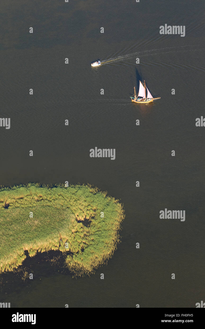 Aerial view, flatboat, Sailboat in Barth Bodden, Island Big Kirr, Barth ...