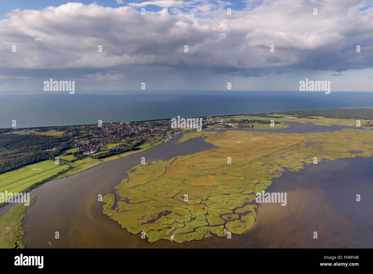 Aerial view, island Large Kirr, Barth Bodden, Zingst, Baltic Sea ...