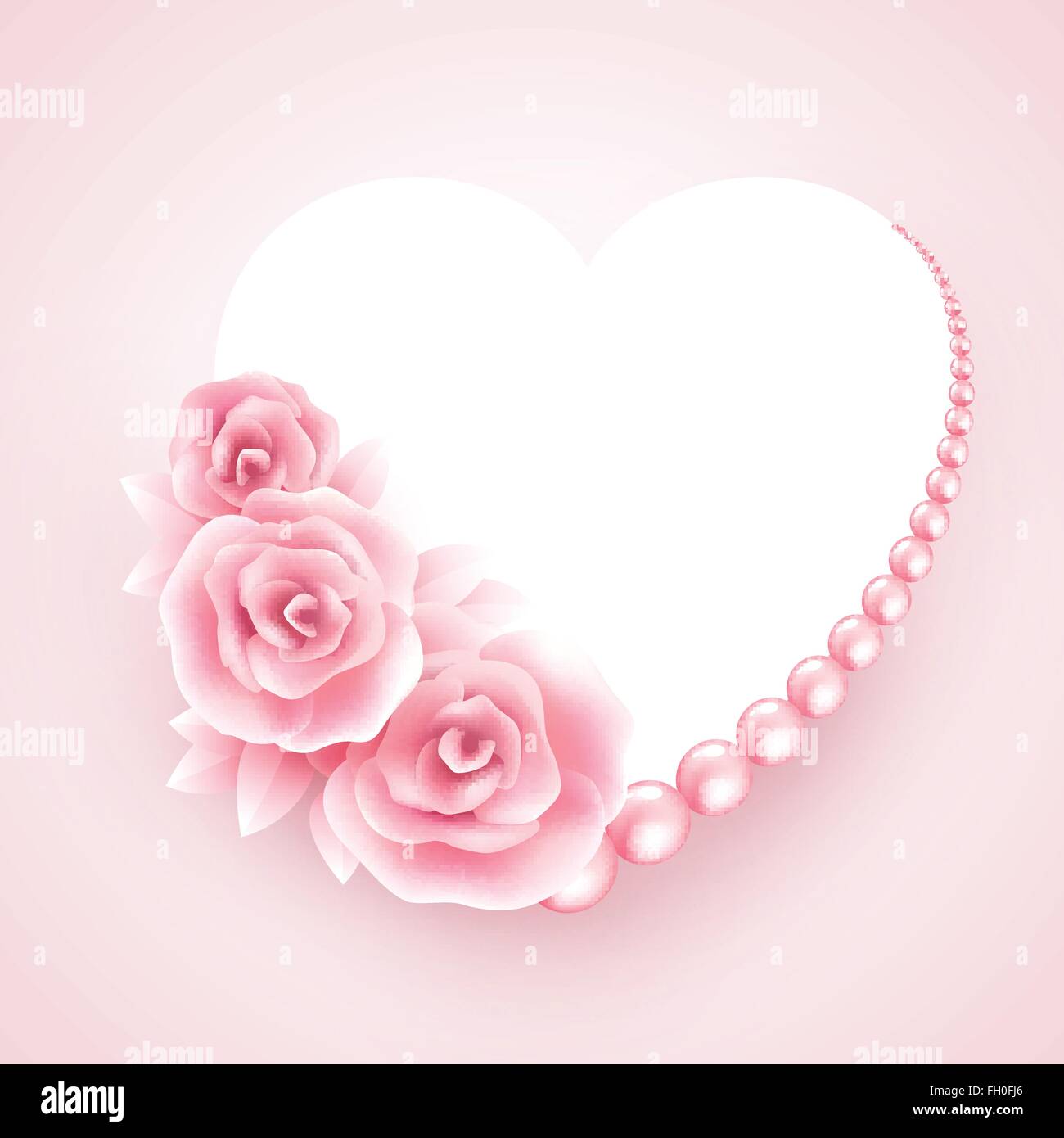 Pink roses, pearl and heart shap frame. Vector illustration Stock ...