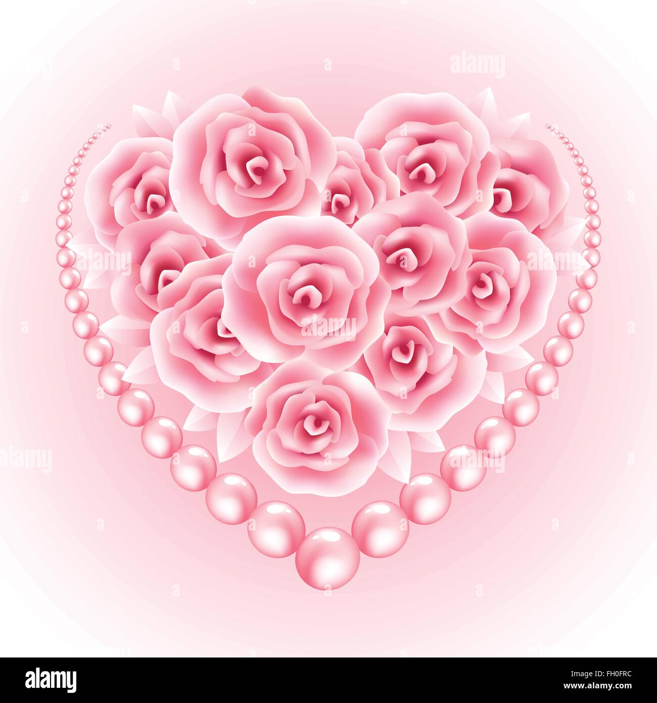 Pink roses, pearl and heart shap frame. Vector illustration Stock ...