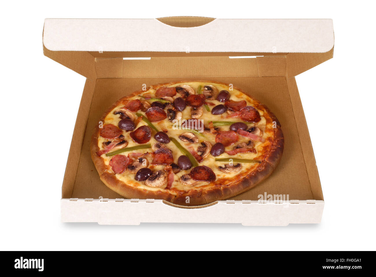 Freshly baked Italian pepperoni Pizza in an open delivery box isolated ...