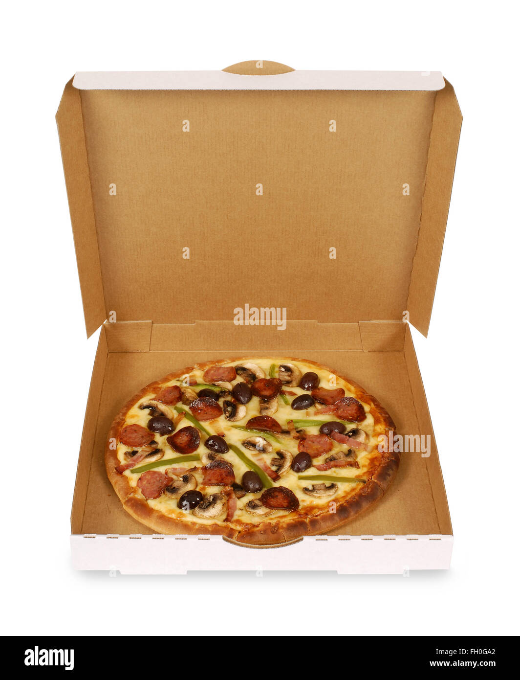 Freshly baked Italian pepperoni Pizza in an open delivery box isolated ...