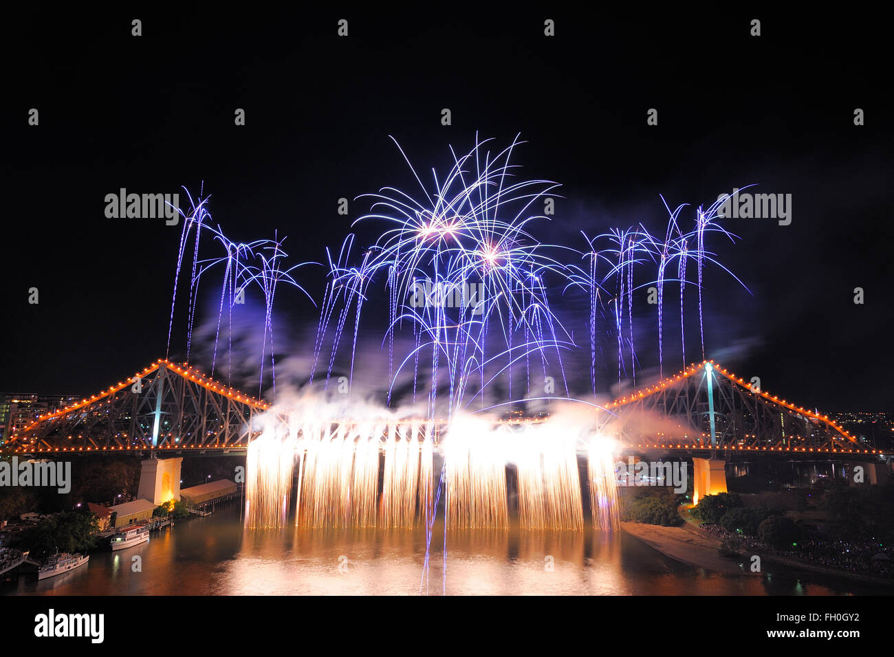 Amazing firework on Story Bridge at Brisbane River Festival Stock Photo ...