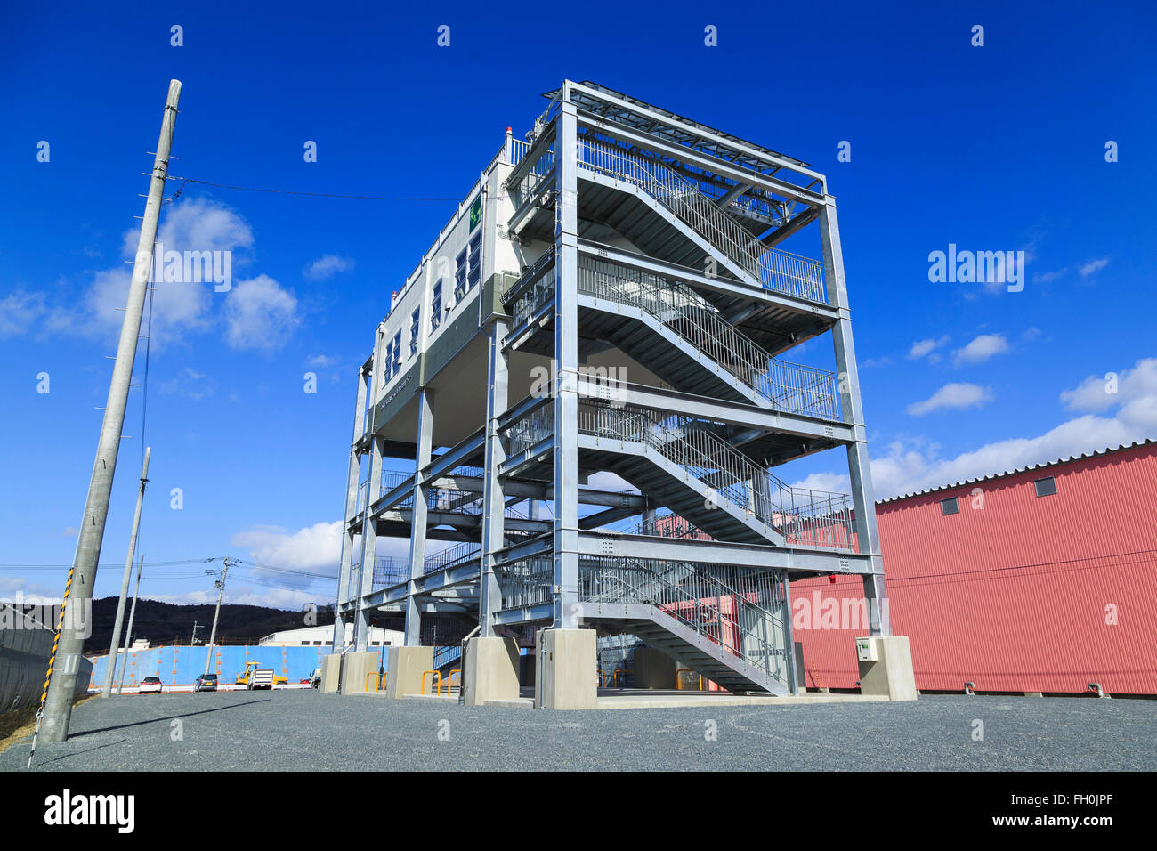 A general view of a tsunami evacuation tower in Ishinomaki on February ...