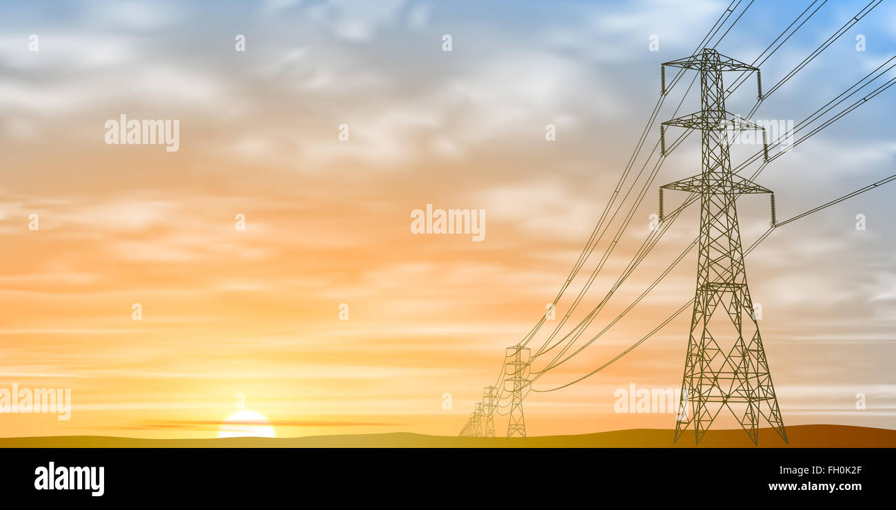 Electrical Power Lines and Pylons with Sunrise, Sunset Stock Photo - Alamy